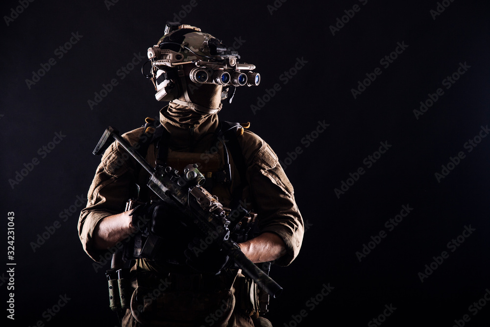 Army elite soldier with hidden behind mask and glasses face, in full ...