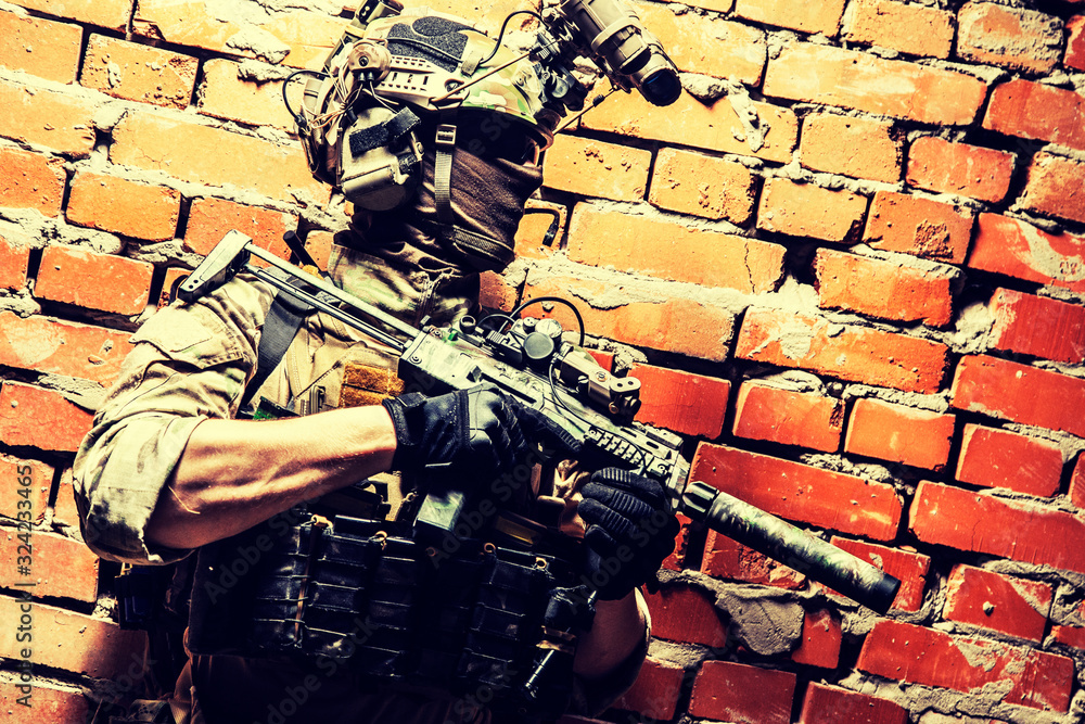Shoulder portrait of army elite troops soldier, anti-terrorist tactical ...