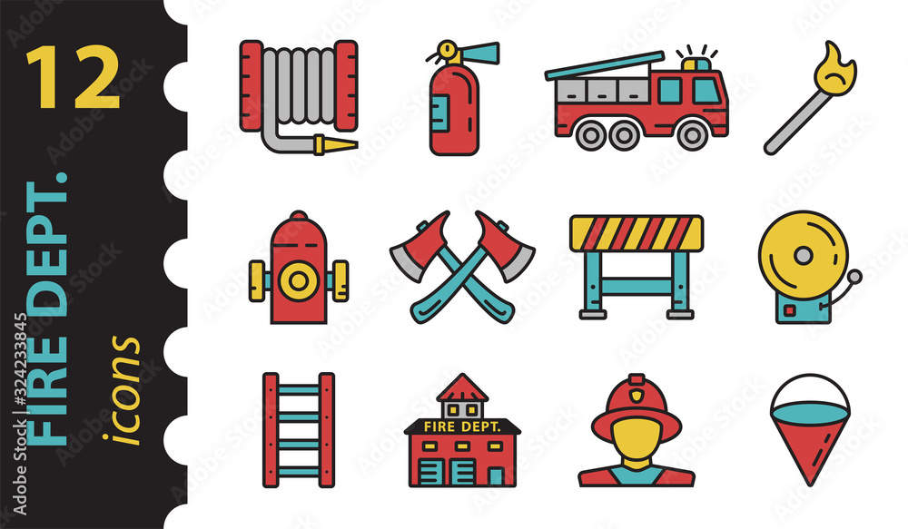Firefighter icons in vector in the color. Fire Department sign in ...