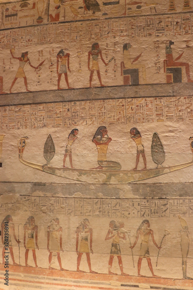 Hieroglyphics inside the Tomb of Rameses VI - Valley of the Kings. The ...