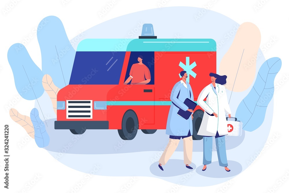 Doctor and nurse at ambulance car, first aid vehicle vector ...