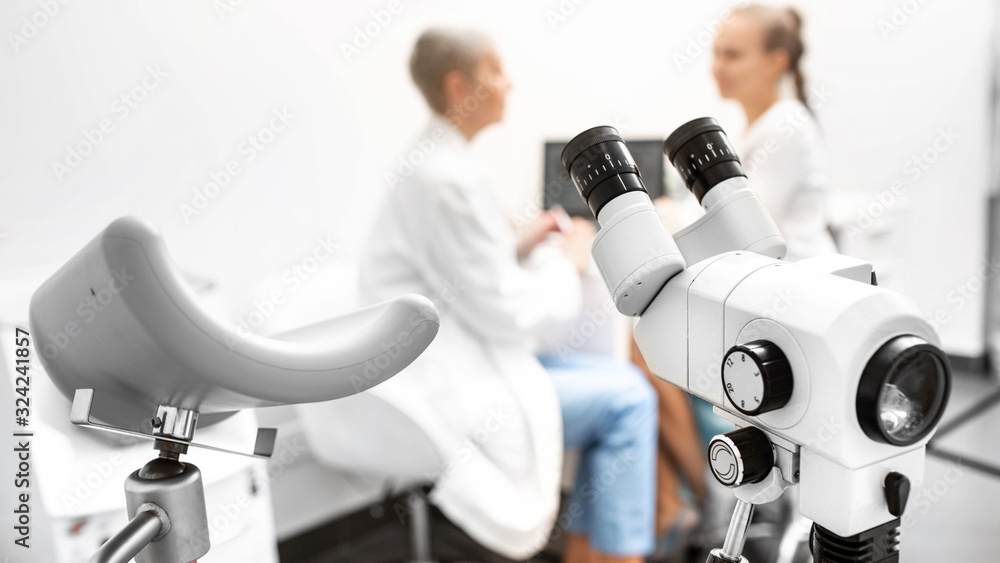 Colposcopy, examination of a cervix. Colposcope close-up, in the ...
