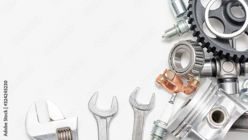 Auto service business card with copy space. Car spare parts on white ...