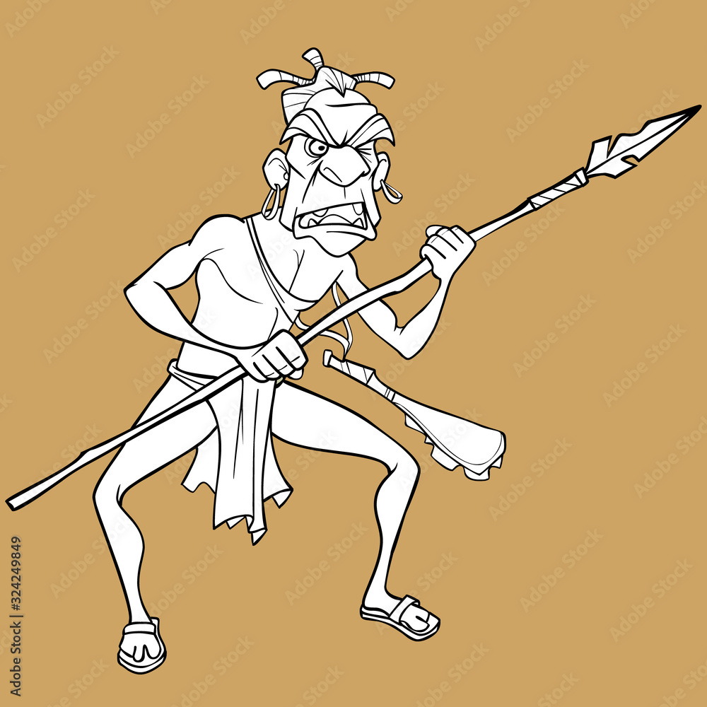 sketch of a cartoon formidable Maori aboriginal man with a spear in his ...