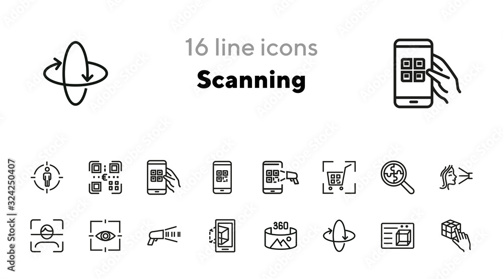 Scanning line icon set. Barcode, eye scanning, face detection ...