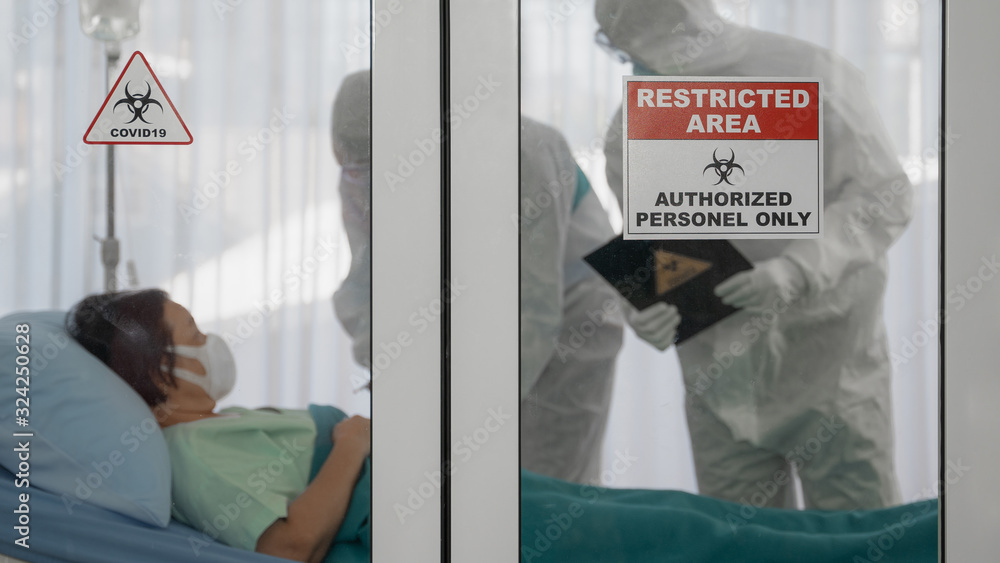 coronavirus covid-19 quarantine and breakout alert sign on window of ...