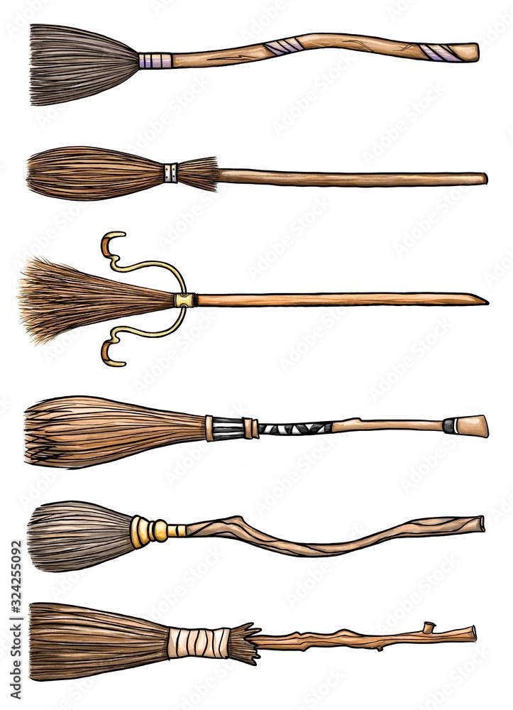Big set of six different magical wooden brooms. Hand drawn illustration ...