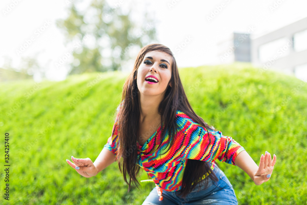 Street shaabi dance and urban dancer concept - Cheerful belly dancer ...