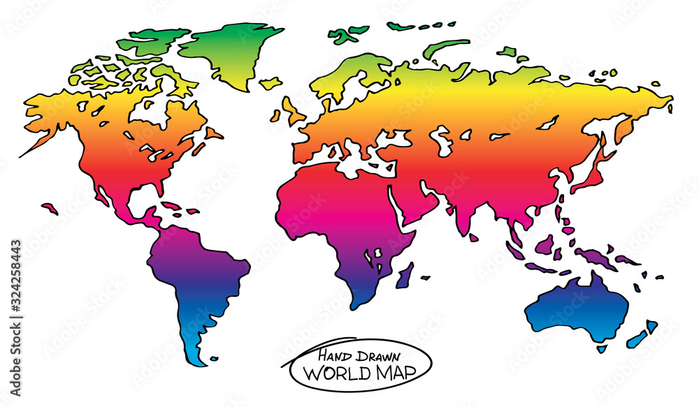 Colorful hand drawn map of the world. Not exactly precision outline ...