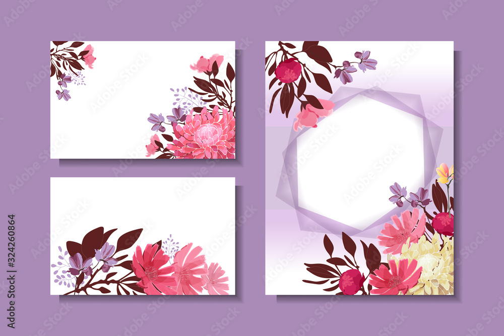 Art floral greeting card. Patterns with pastel yellow, pink, purple ...