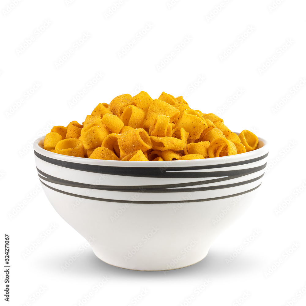 Potato ring spicy ramen korean flavour In a white ceramic cup, low ...