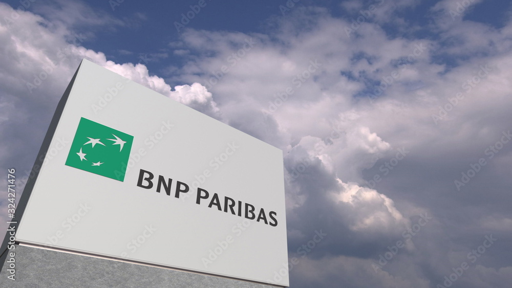 Logo of BNP PARIBAS on a stand against cloudy sky, editorial 3D ...