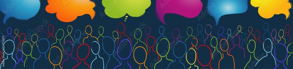 Crowd sketches of people with colorful stroke. Confusion and ...