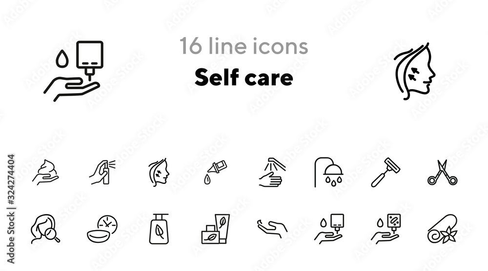 Self care line icon set. Shower, scissors, cream. Beauty care concept ...