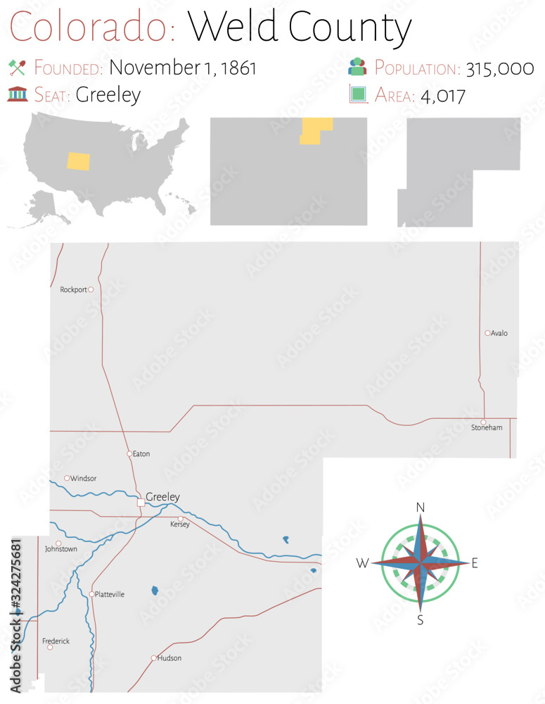 Large and detailed map of Weld county in Colorado, USA. Stock Vector ...