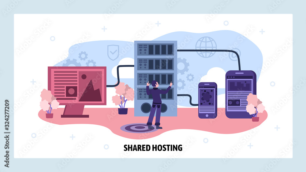 Data center and web hosting concept. Engineer install server software ...