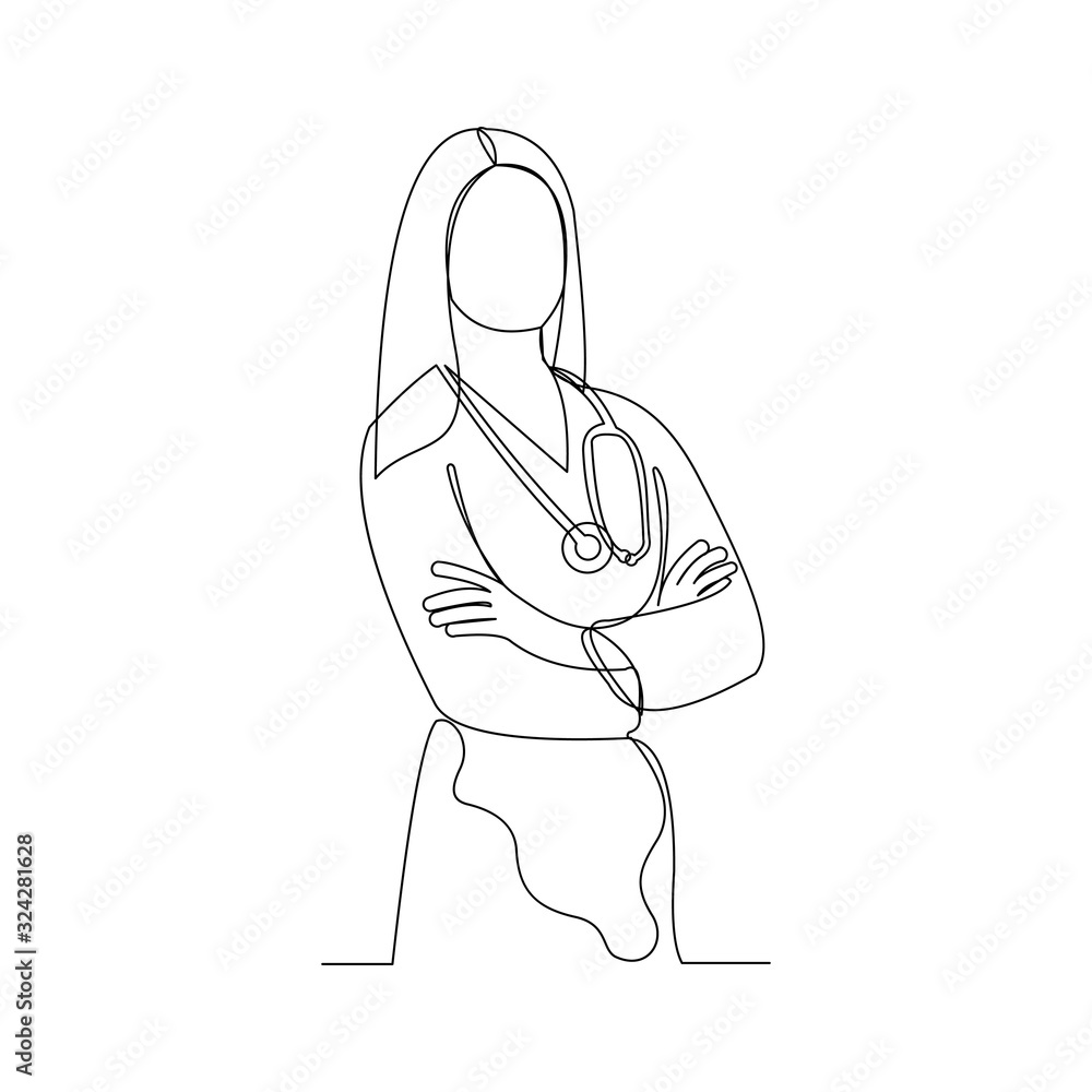 Continuous line drawing of woman doctor with stethoscope. One line art ...