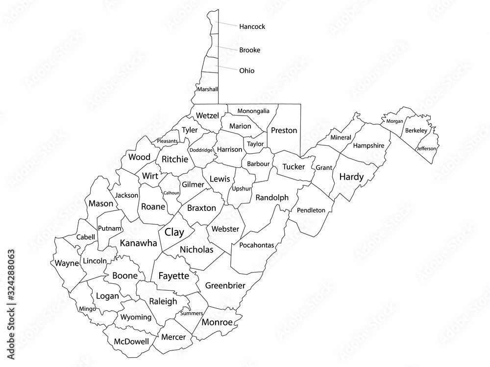 White Outline Counties Map With Counties Names of US State of West ...