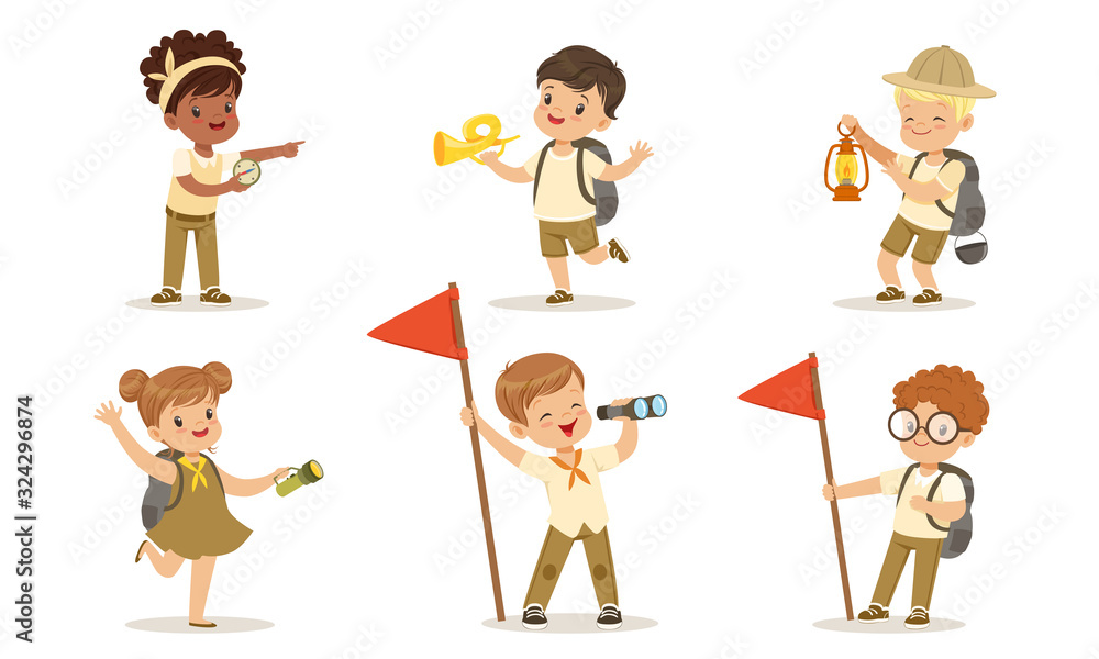 Collection of Kids Scouts Camping, Cute Boys and Girls with Hiking ...