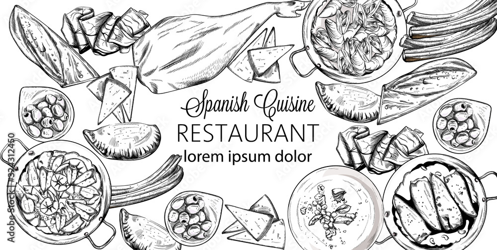 Vector set of spanish national food. Mussels, jamon bone, baguette ...