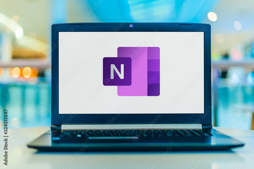 Foto de Laptop computer displaying logo of Microsoft OneNote do Stock ...