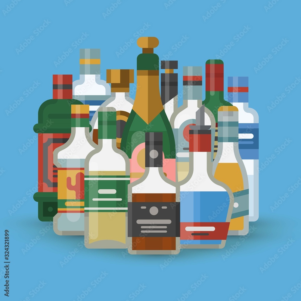 Cocktail party alcohol bottles vector illustration. Bar menu poster ...