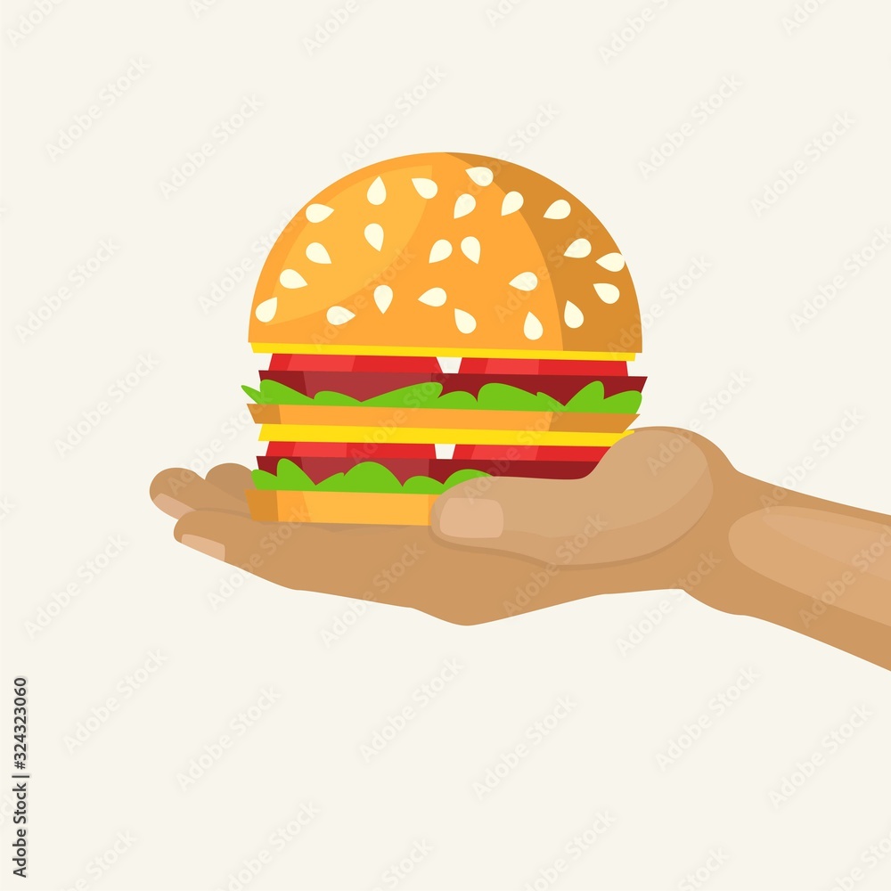 Hand holds burger cartoon vector illustration. Fast food with hamburger ...