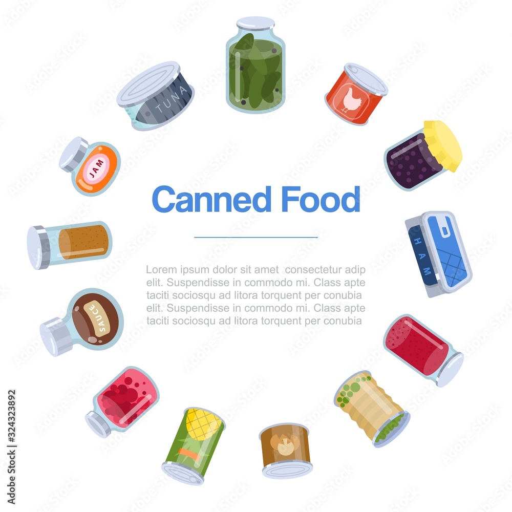 Canned food goods in circle poster vector illusration. Various goods ...