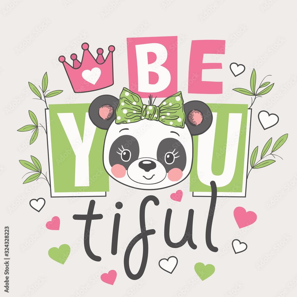 Cute panda girl face, bamboo, crown. Beautiful slogan. Cartoon vector ...