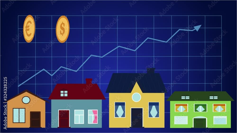 2D animation, two signs of European and USA currency spinning on top ...