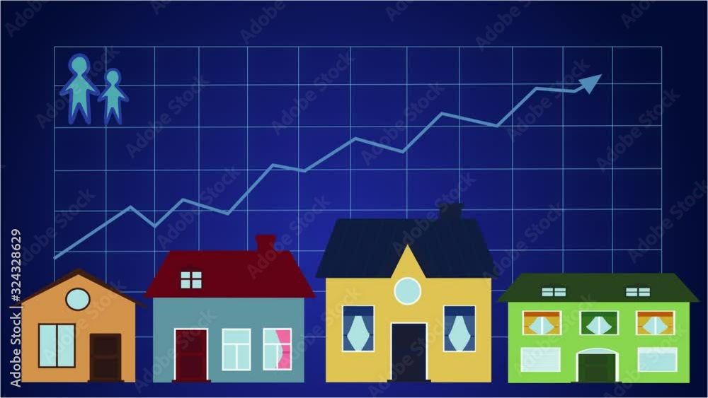2D animation, blue arrow moving up on graphic as houses appearing at ...
