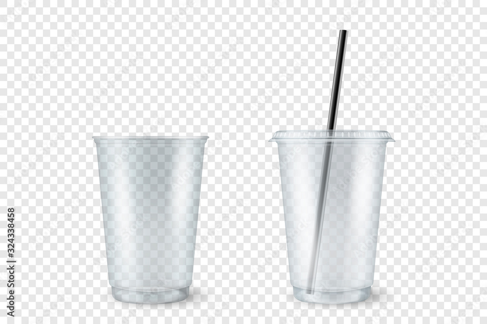 Vector Realistic 3d Empty Clear Plastic Opened, Closed Disposable Cup with Straw Set Closeup ...