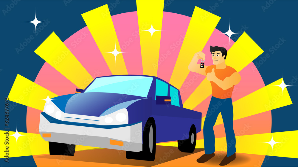The cartoon illustration picture of a man holds remote car's key and ...