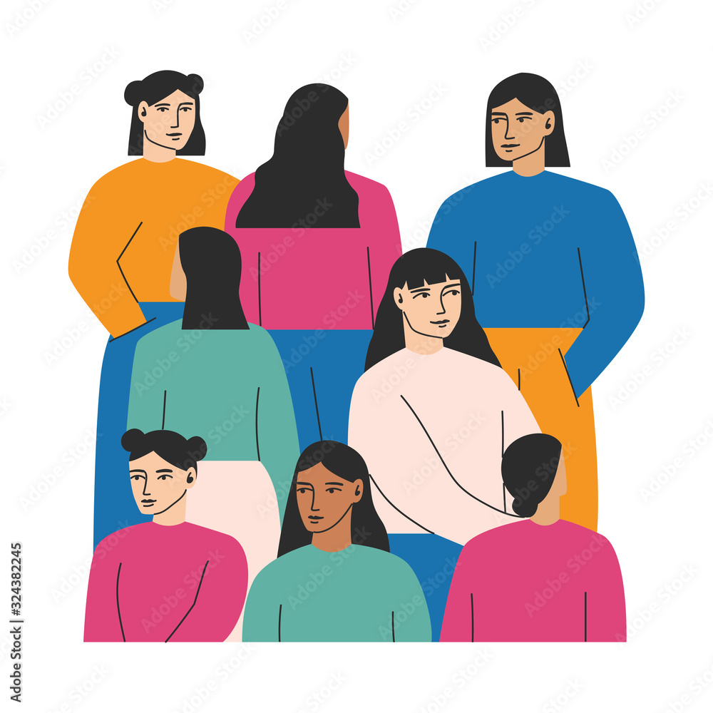 Colorful drawing of crowd of women. Many women standing and looking ...