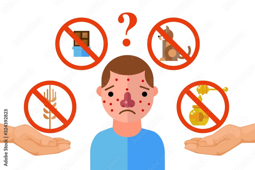 Allergy triggers, unhappy man suffering from allergic reaction, vector ...