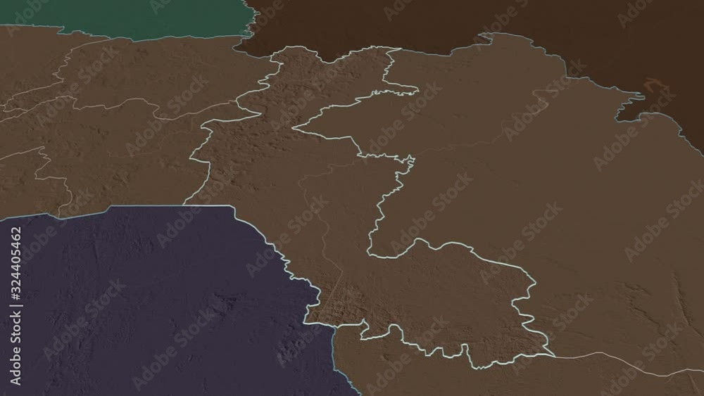 Faranah, region with its capital, zoomed and extruded on the ...