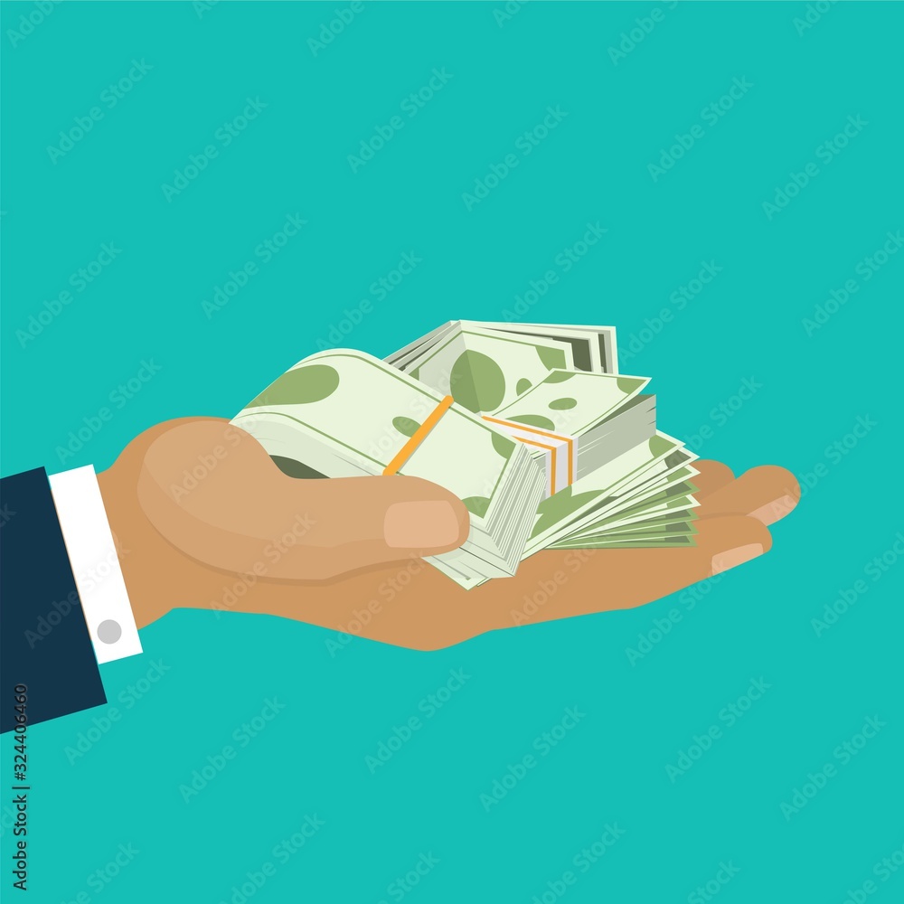 Hand holding pile of money dollar banknotes cartoon vector illustration ...