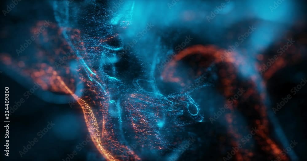 Abstract Macro slow motion shot of Blue and Orange Particle Fluid ...