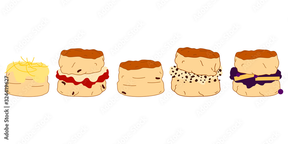 Set of cartoon scones or biscuits in various flavors background and ...