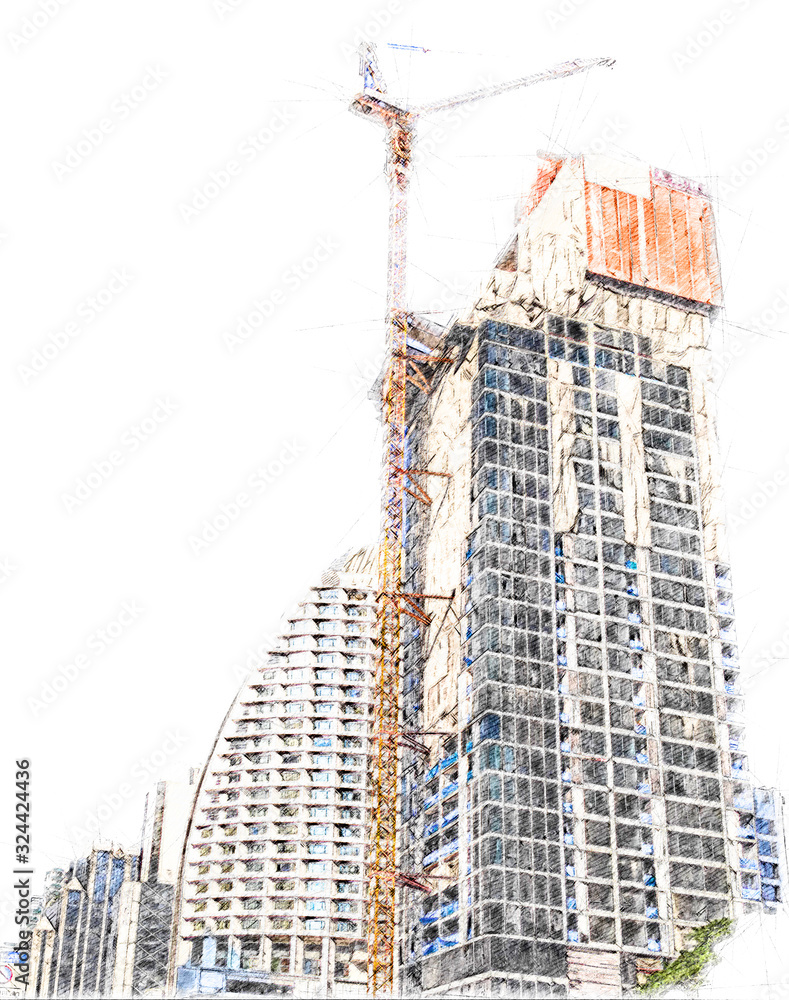 Skatch construction with a pencil. Pencil drawing of a tall building ...