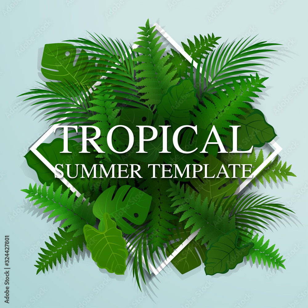Tropical template with tropical summer and geometric shape for text on light blue background ...