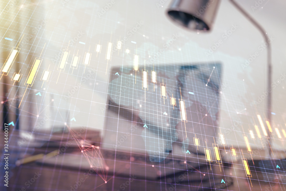 Multi exposure of abstract financial diagram with world map on computer ...