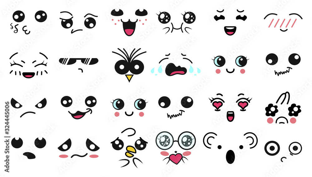 Kawaii cute faces. Manga style eyes and mouths. Funny cartoon japanese ...