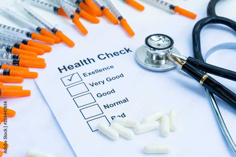 Health check list for personal result with hospital equipment Stock ...