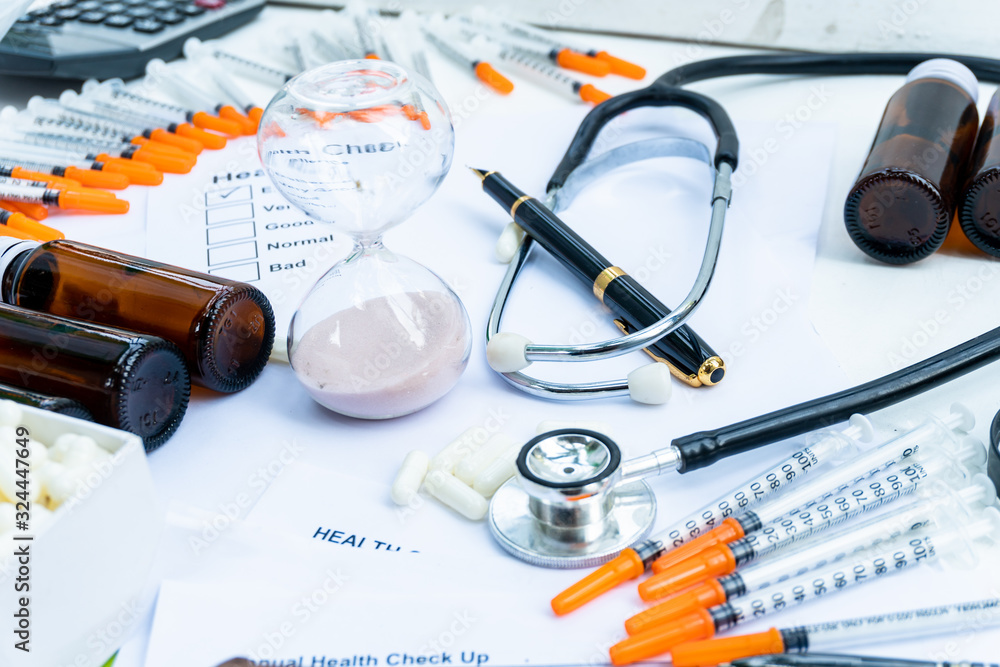 Health check list for personal result with hospital equipment Stock ...