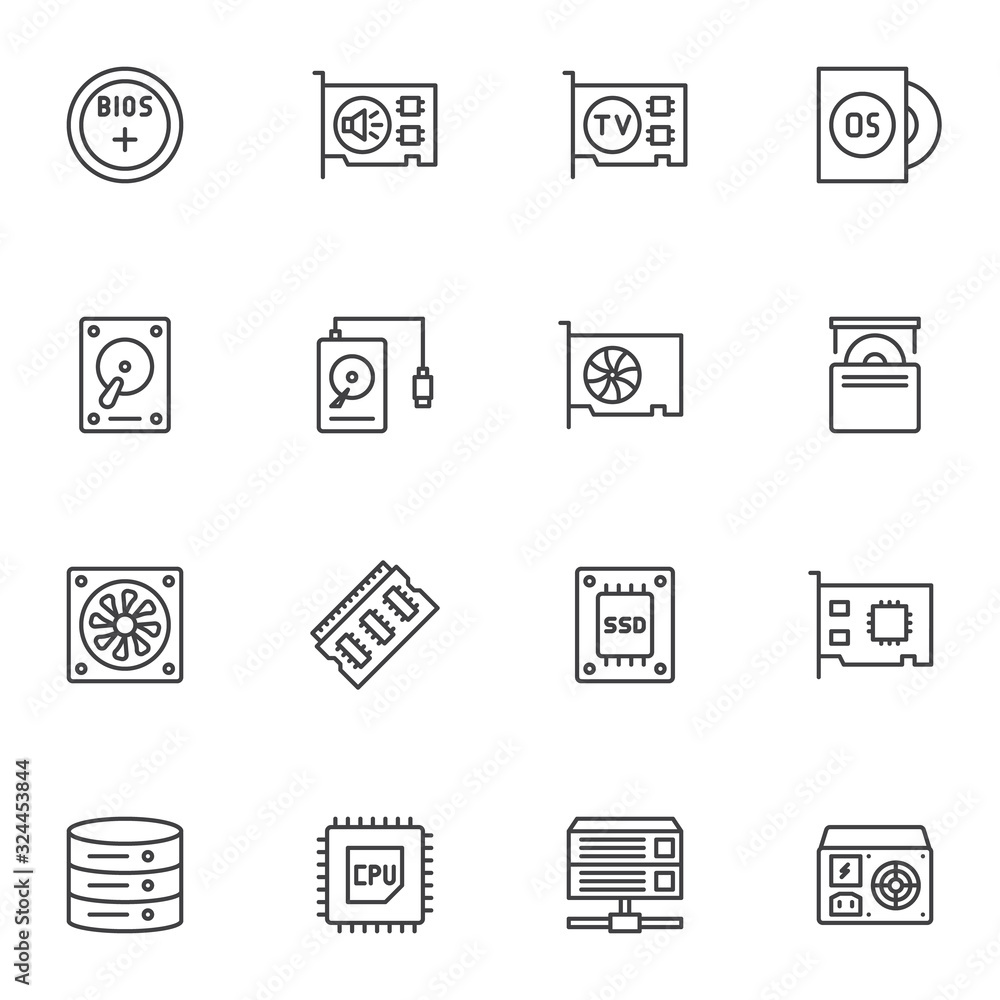 Computer electronics parts line icons set. Computer hardware linear style symbols collection ...