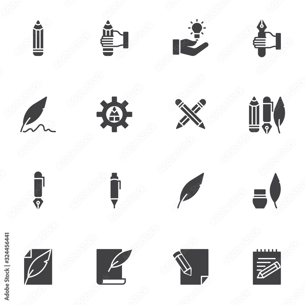 Writing tool vector icons set, modern solid symbol collection, filled ...