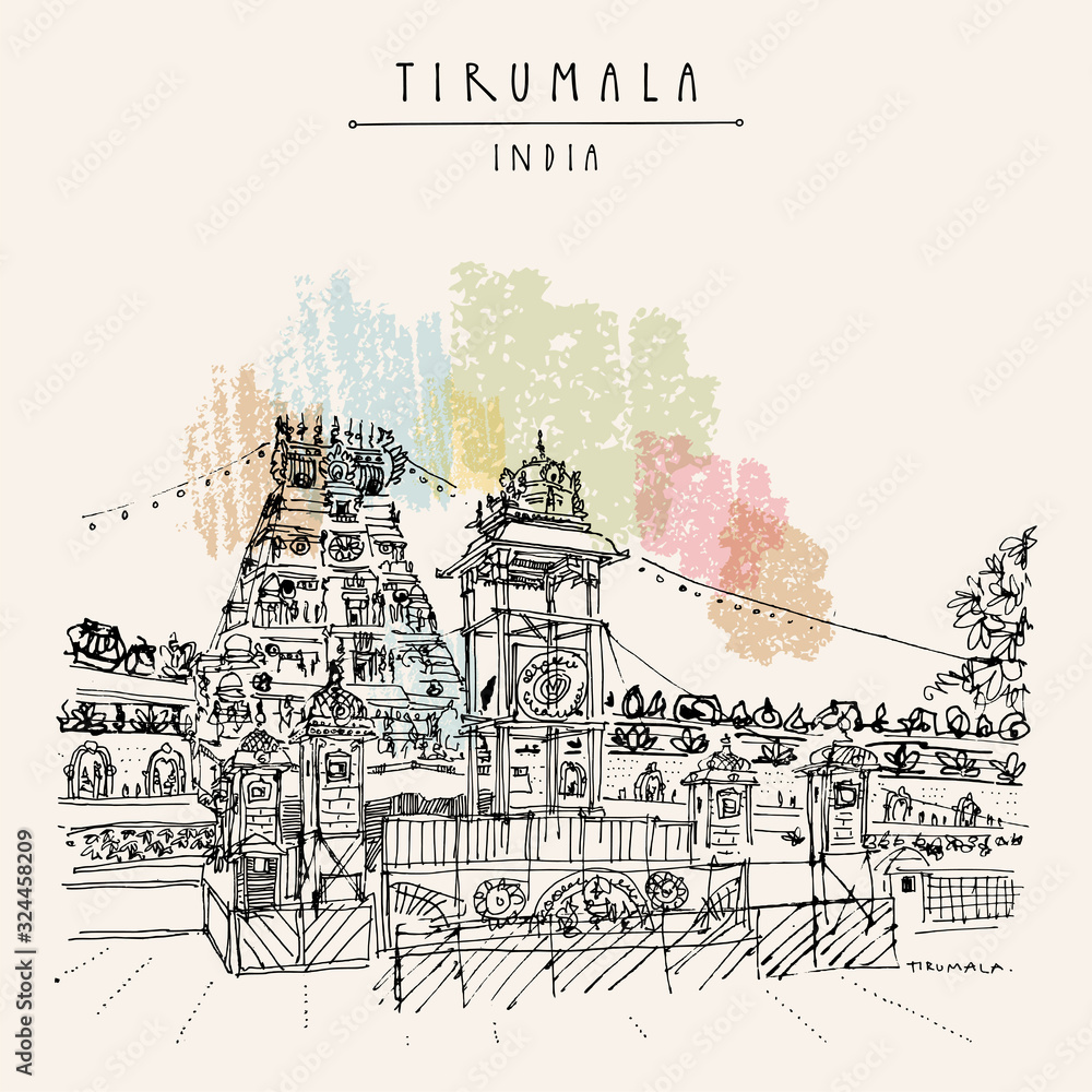 Venkateswara Temple, Tirumala, Andhra Pradesh, India. Travel sketch ...