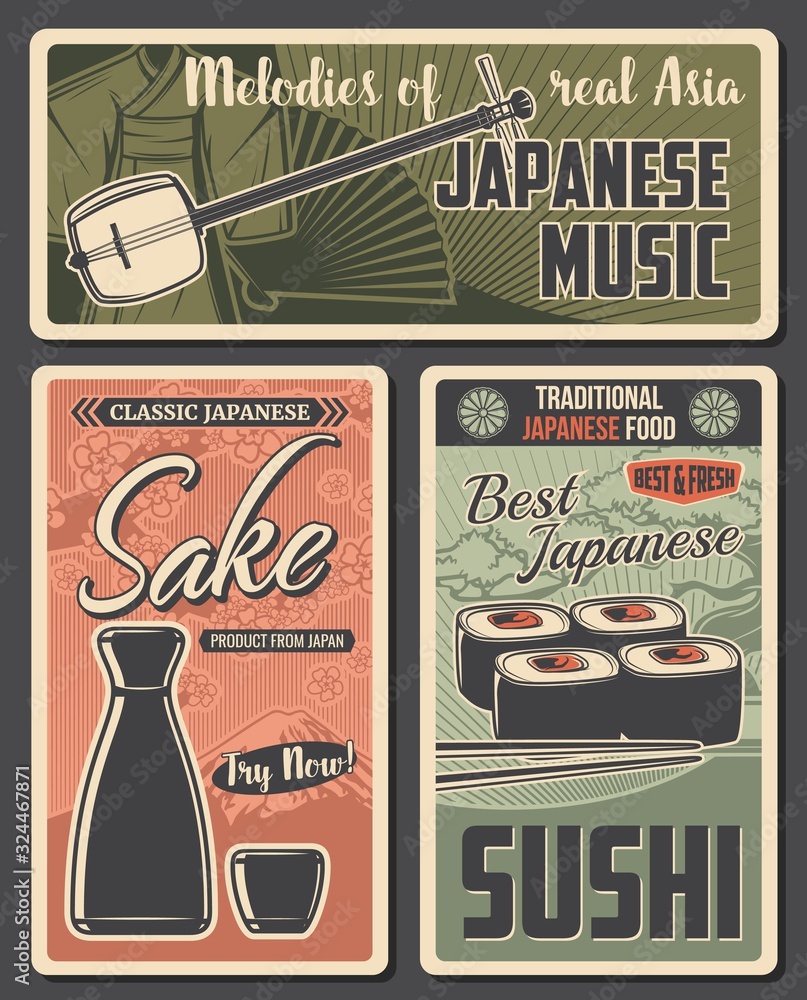 Japanese travel and culture vector design of Asian food, drink and ...