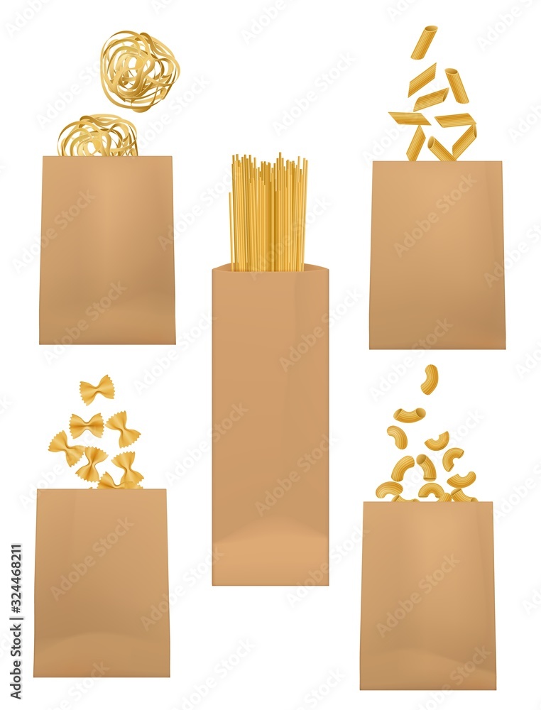 Pasta package vector templates of paper bag 3d mockups with Italian ...